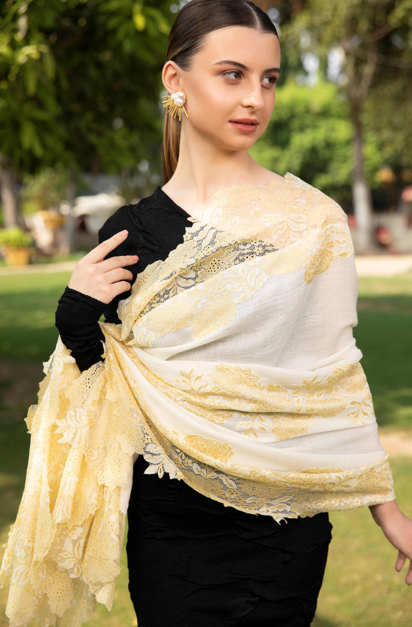 Elegant Cream and Gold Shawl with Lace Work - Designer shawl – modarta