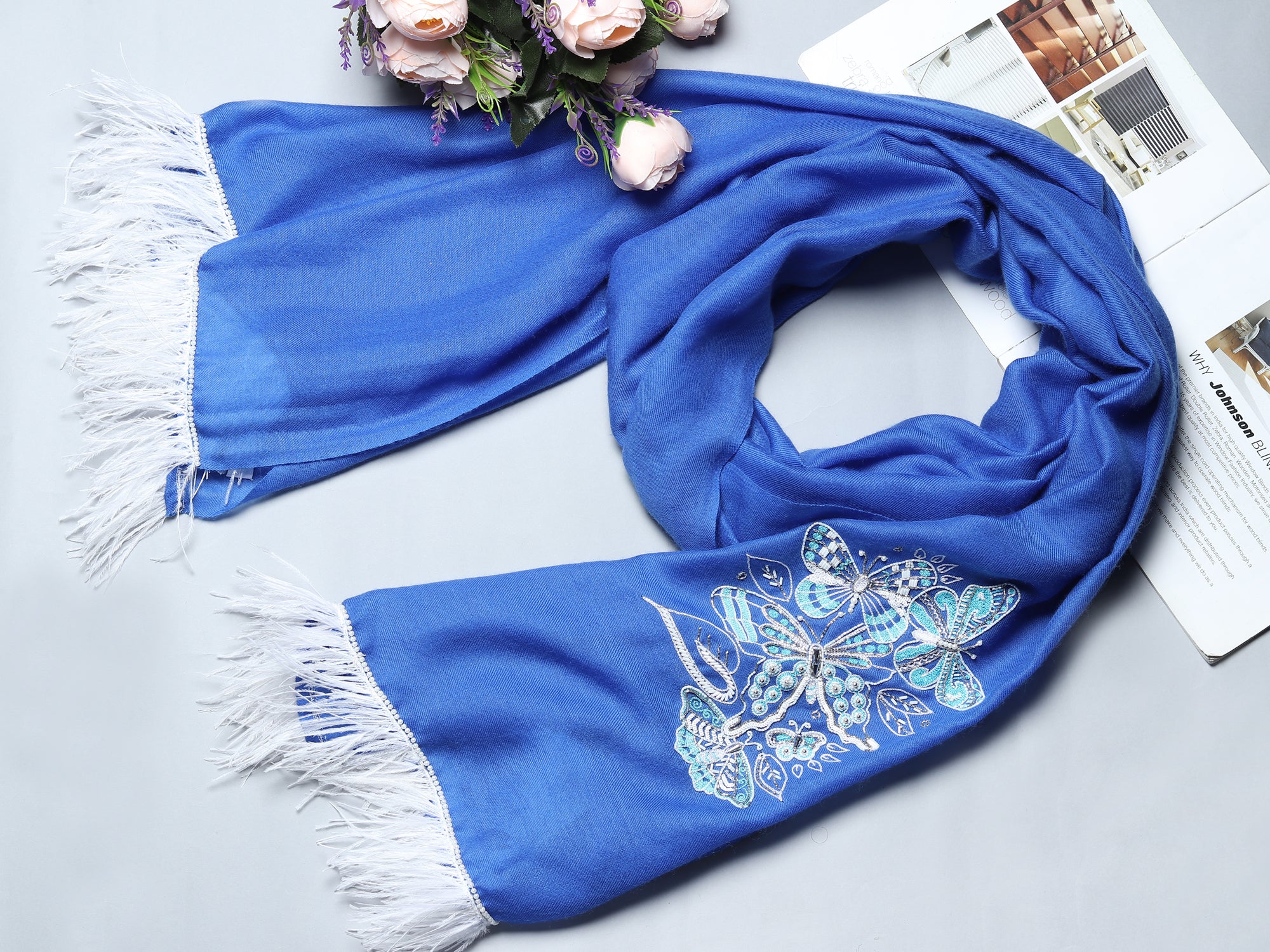 Royal Blue Pure Pashmina Shawl with White Butterflies & Feathers – modarta